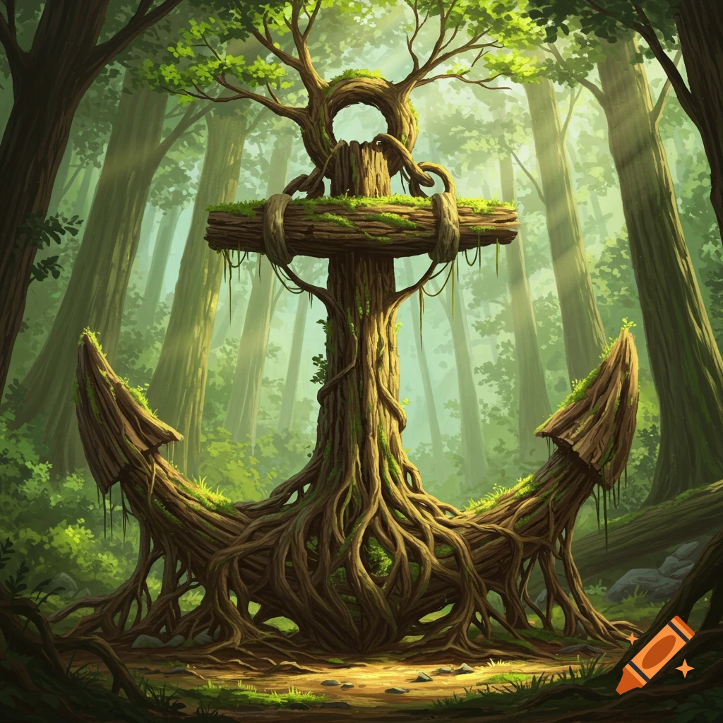 An anchor formed from trees and roots in a sunlit forest clearing ...