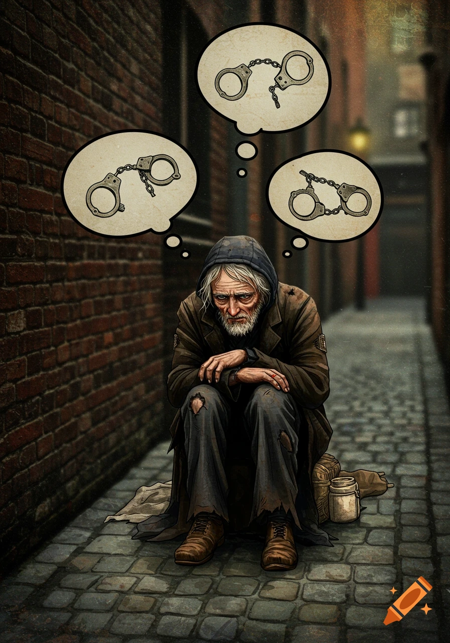 Illustration of an old homeless person sitting in an alley thinking ...