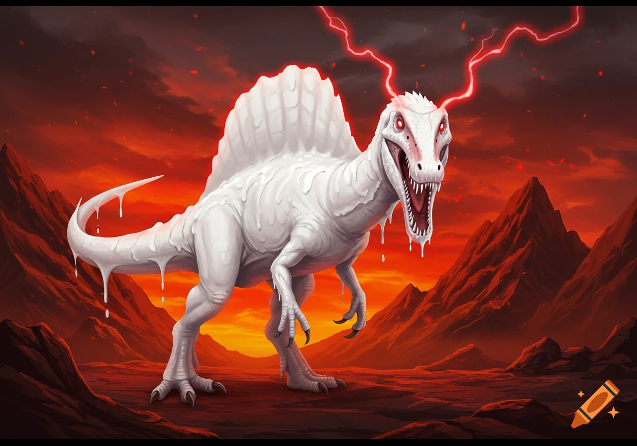 White, goo-covered Spinosaurus with red eyes and lightning stands in a ...