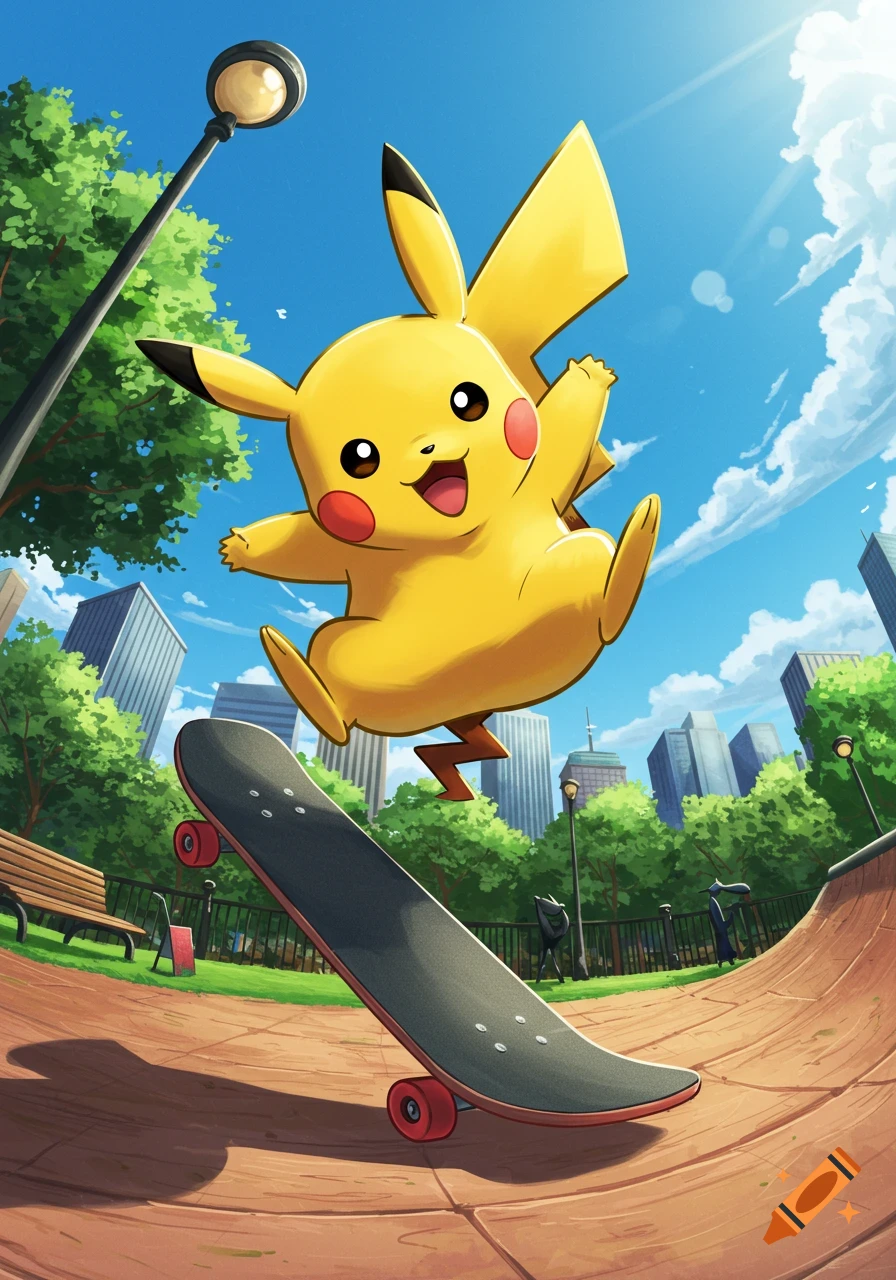 Anime illustration of Pikachu jumping over a skateboard at a skatepark ...
