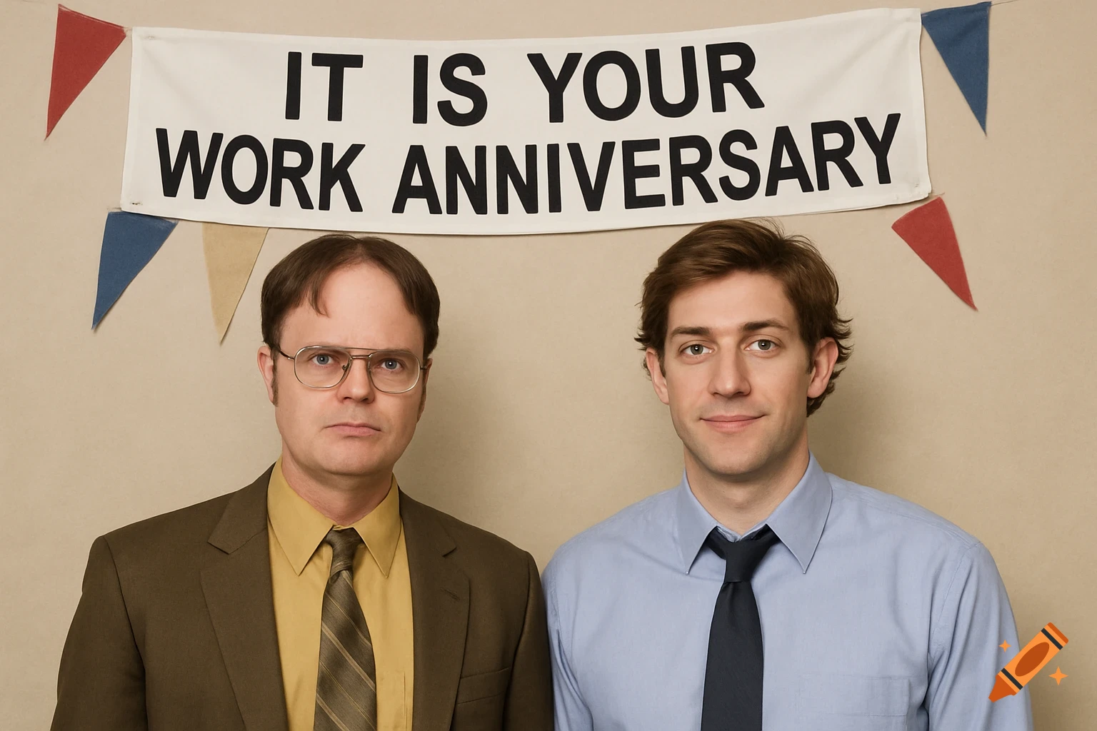 Dwight Schrute and Jim Halpert from The Office stand under a banner ...