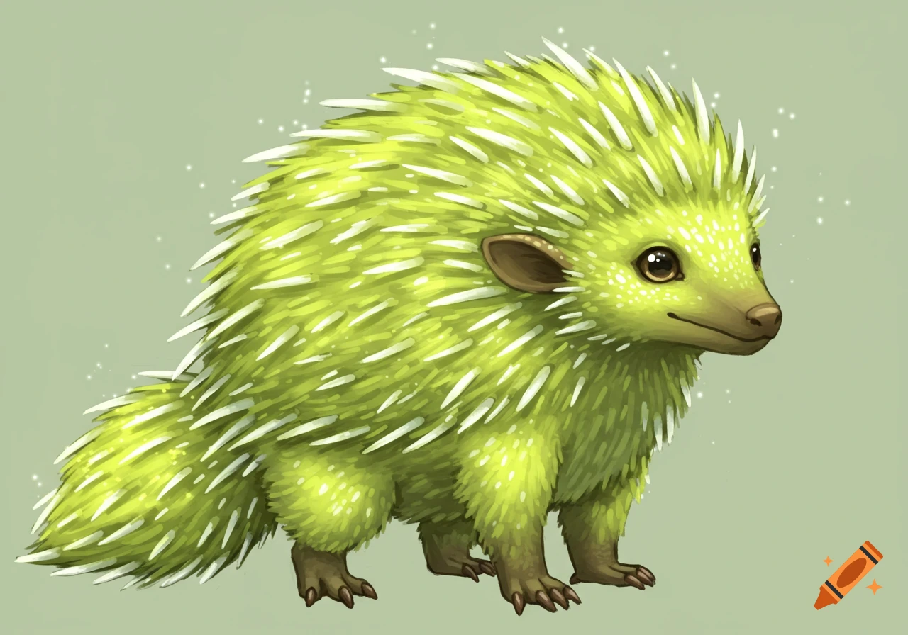 An illustration of a cute green creature with white quills on a light ...