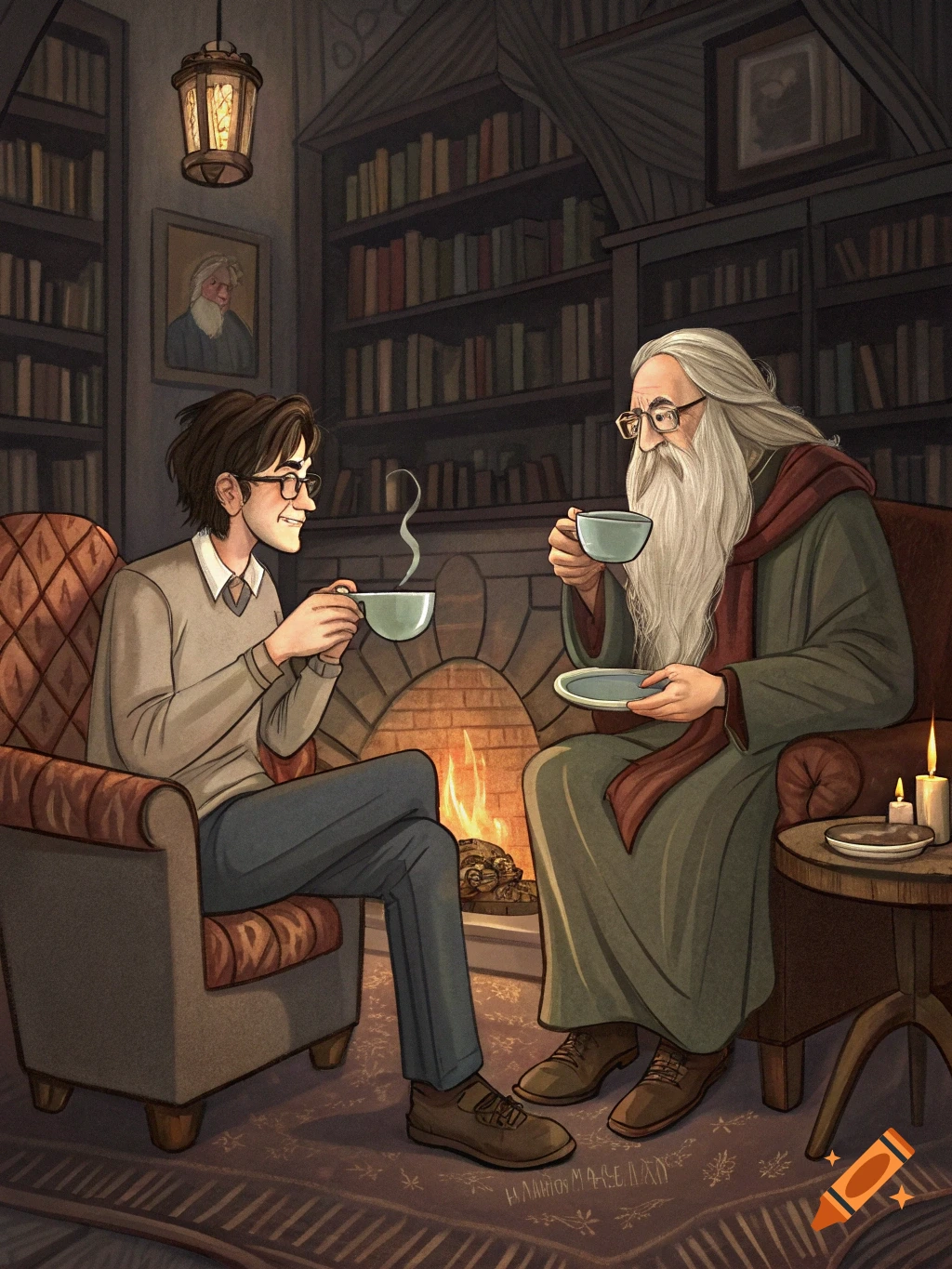 Illustration of Harry Potter and Dumbledore drinking tea by a fireplace in a library. on Craiyon
