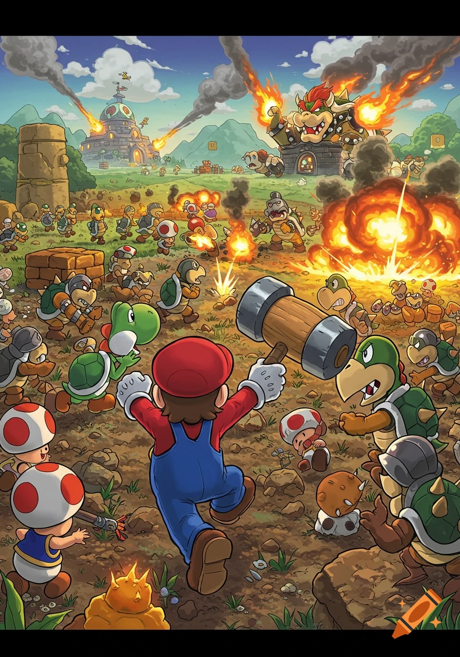Mario and characters battling on a field with explosions, Bowser ...