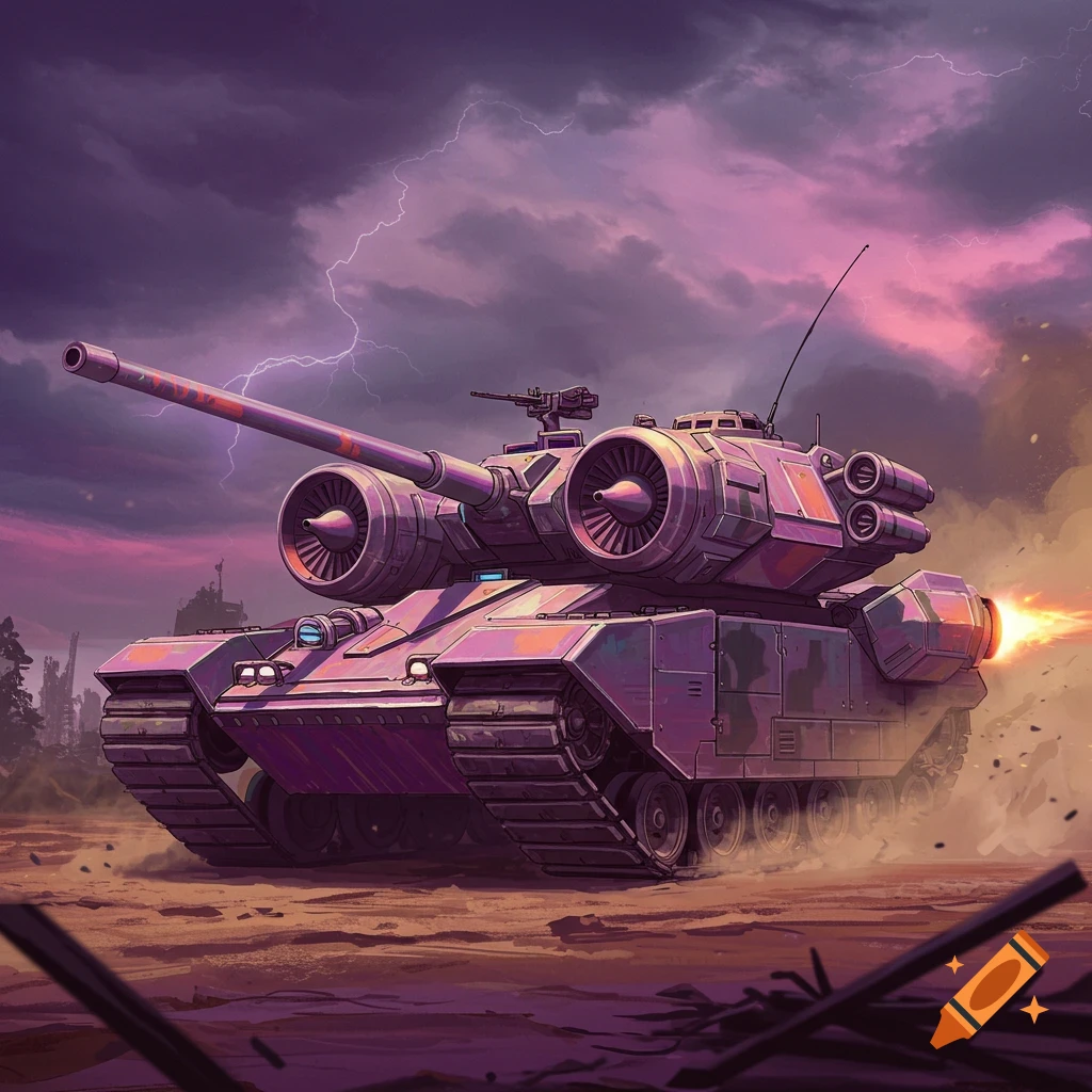 Stylized jet-powered tank fires its cannon in a desert under a purple ...