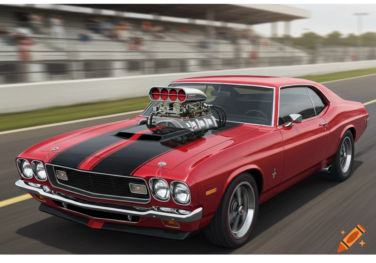 Red classic muscle car with supercharger on a racetrack on Craiyon