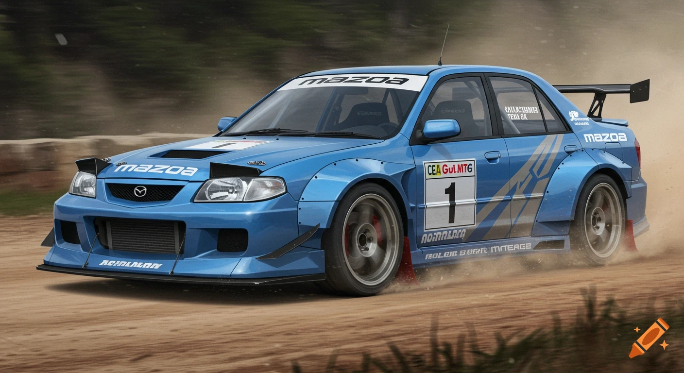 Blue Mazda rally car with wide body kit on a dirt road kicking up dust ...