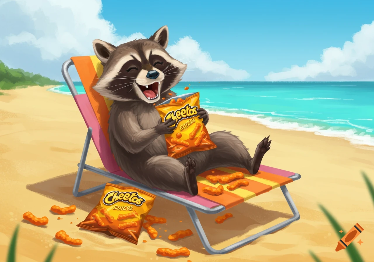 Cartoon raccoon on a beach chair eating Cheetos with bags around on Craiyon