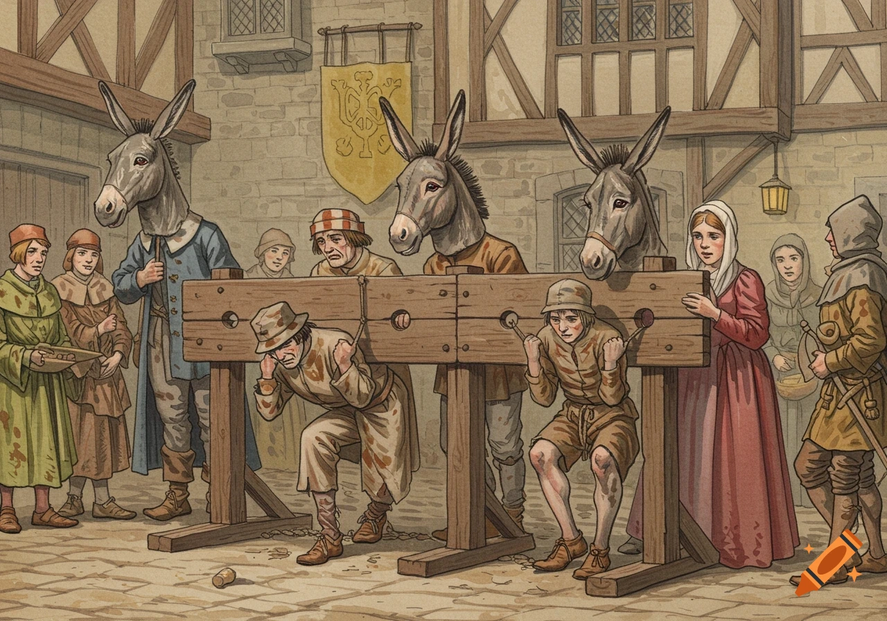 People in stocks in a medieval town square with figures wearing donkey ...