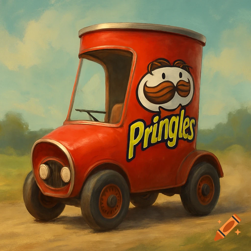 A red car shaped like a Pringles can, painted style on Craiyon