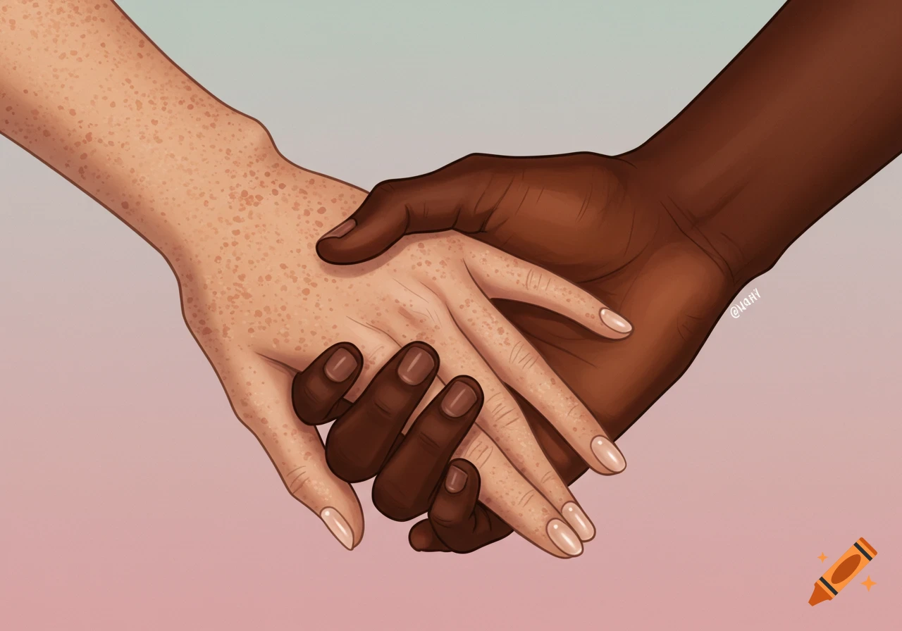 Illustration of a light-skinned hand with freckles holding a dark ...