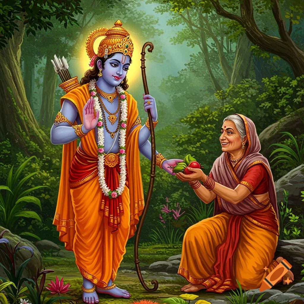 Hindu deity Ram, blue-skinned, with bow and arrow, accepts fruit from ...