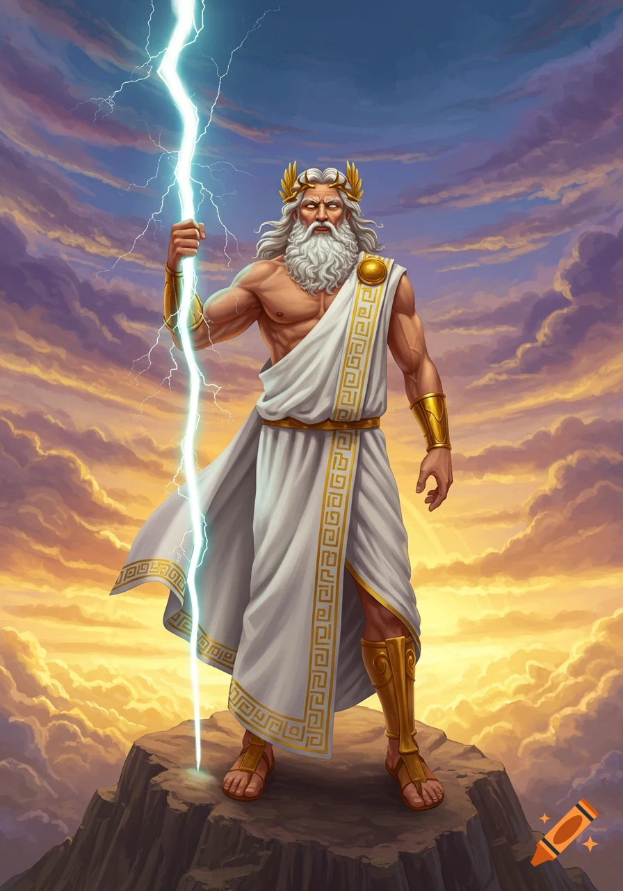 Illustration of Zeus, king of the Greek gods, holding a lightning bolt on a mountain. on Craiyon