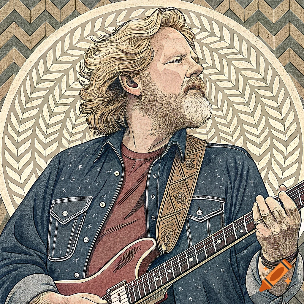Stylized portrait of a musician playing a red guitar against a ...
