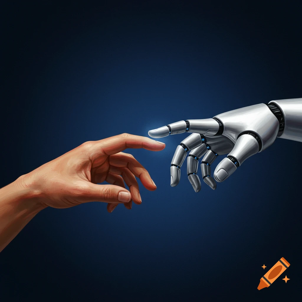 Digital illustration of a human hand reaching out to a robotic hand. on Craiyon