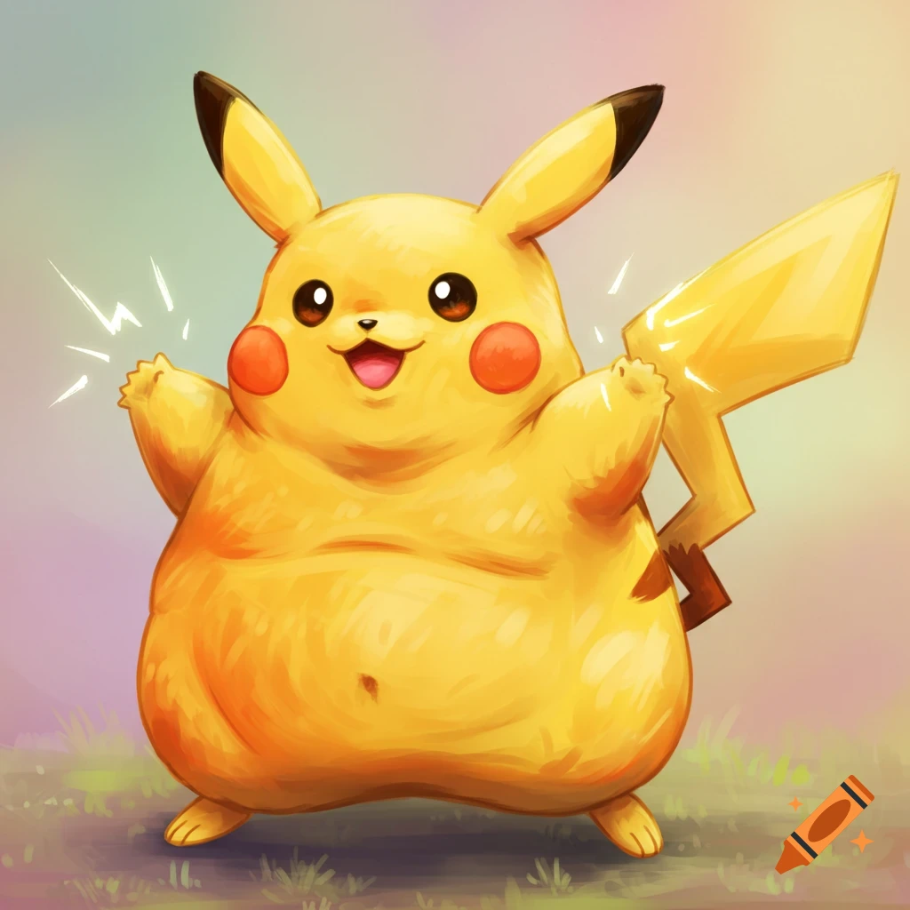 Cartoon illustration of a fat yellow creature resembling Pikachu with red cheeks, standing with ...