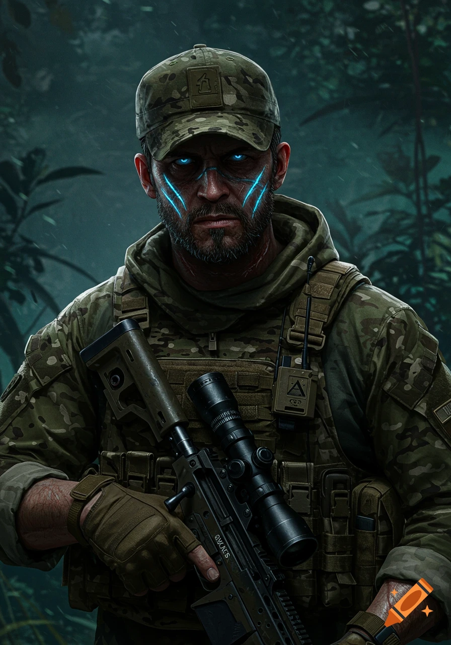 Portrait of a soldier with glowing blue scars holding a rifle. on Craiyon