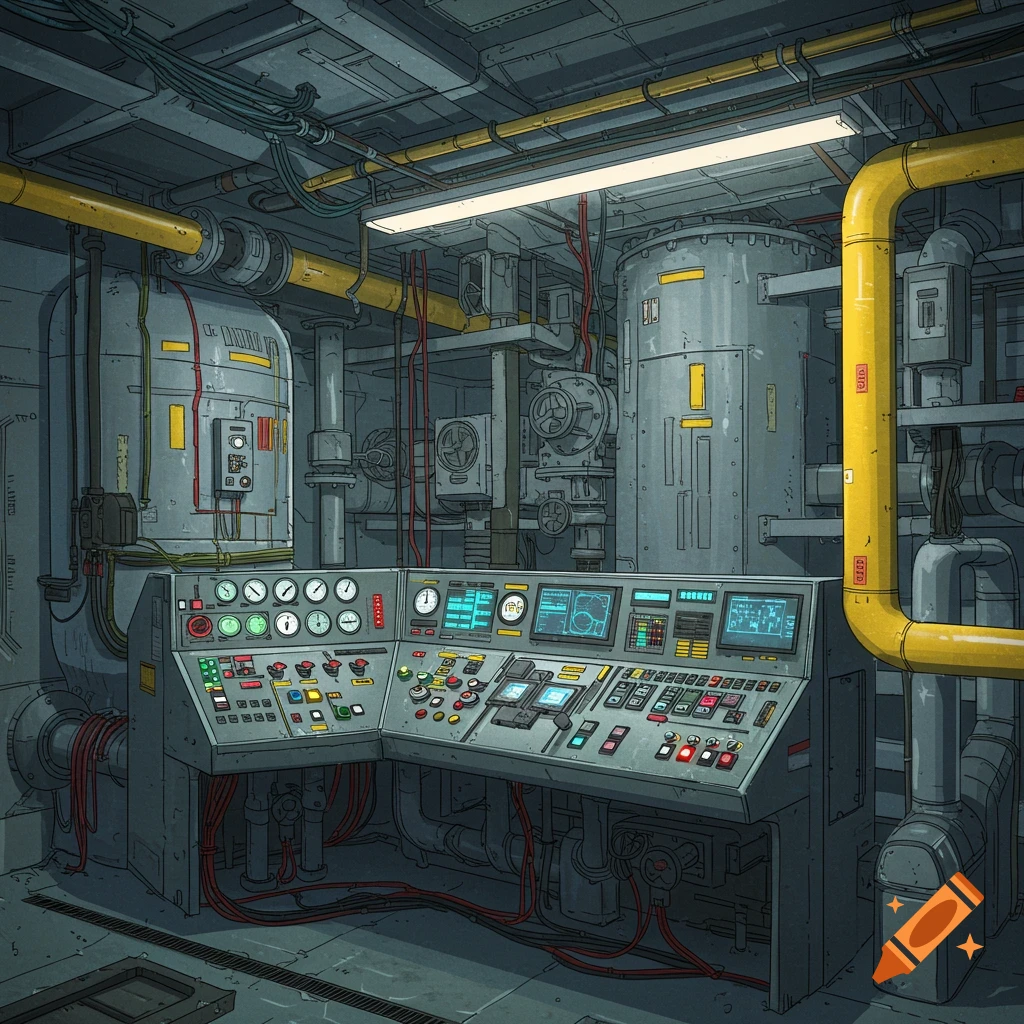 Detailed illustration of an industrial control room with large pipes ...