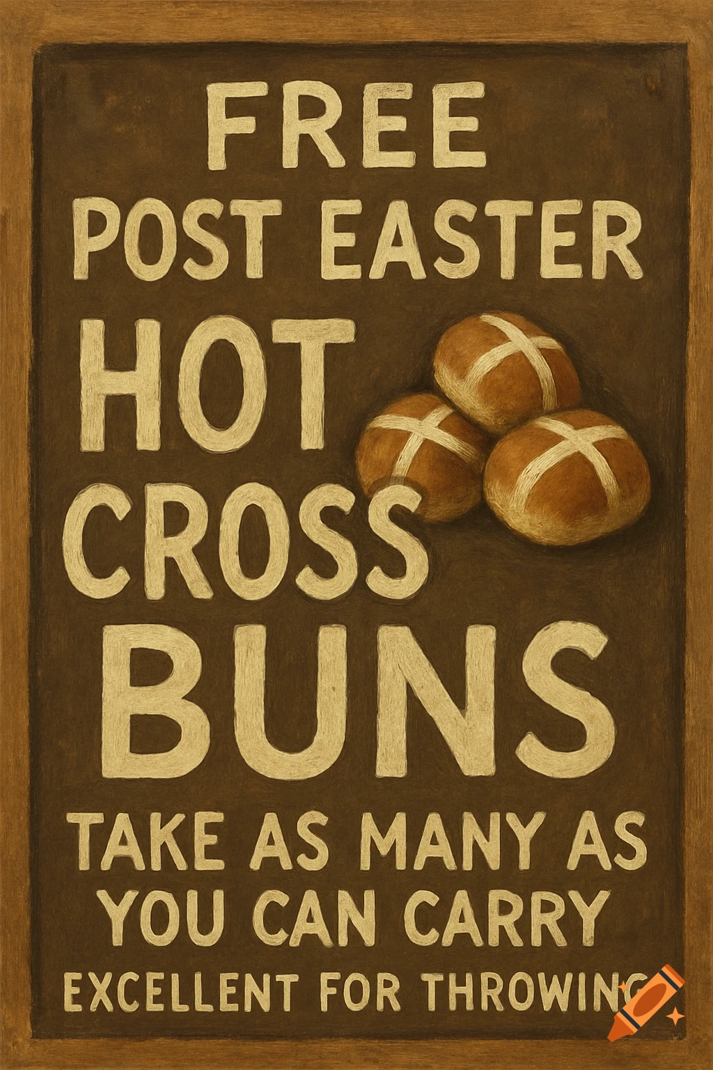 A brown sign advertising free post easter hot cross buns, with three ...