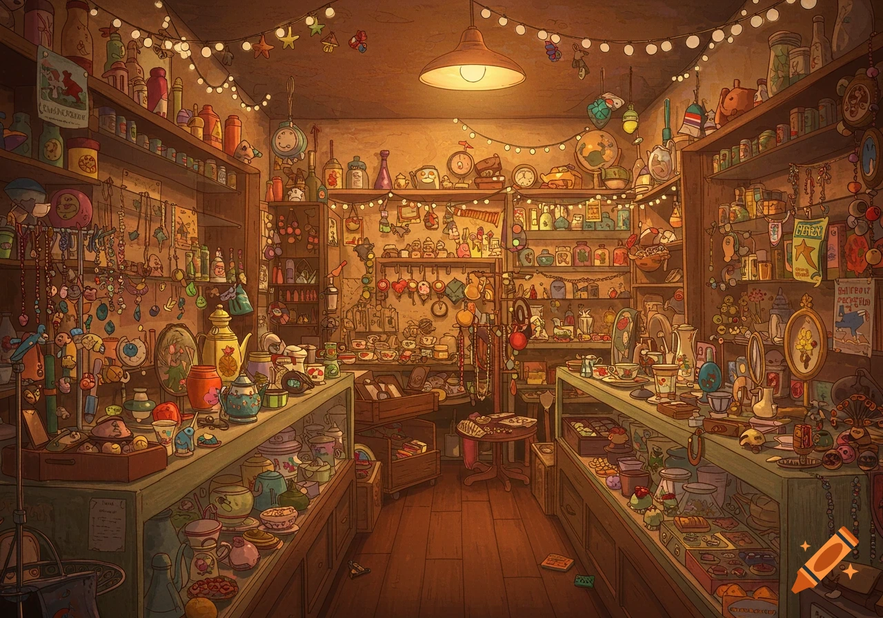 A crowded illustration of a trinket shop with shelves full of items and ...