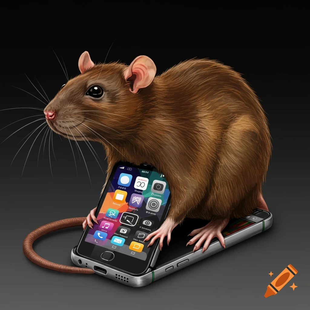 A brown rat sits on two smartphones, holding one with its paws, on a ...