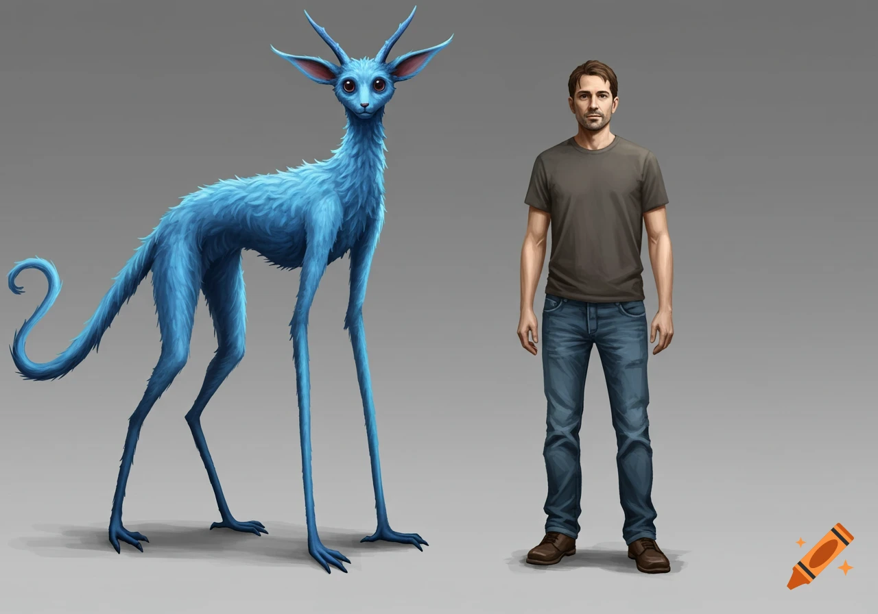 A tall, slender blue furry creature with long legs and ears stands next ...