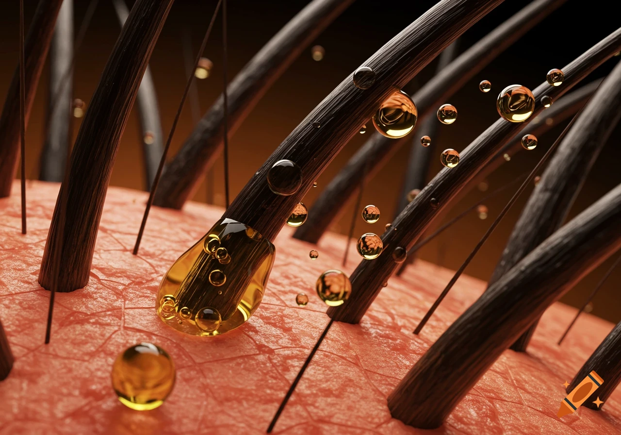 Microscopic view of hair fibers on skin with golden and clear liquid ...