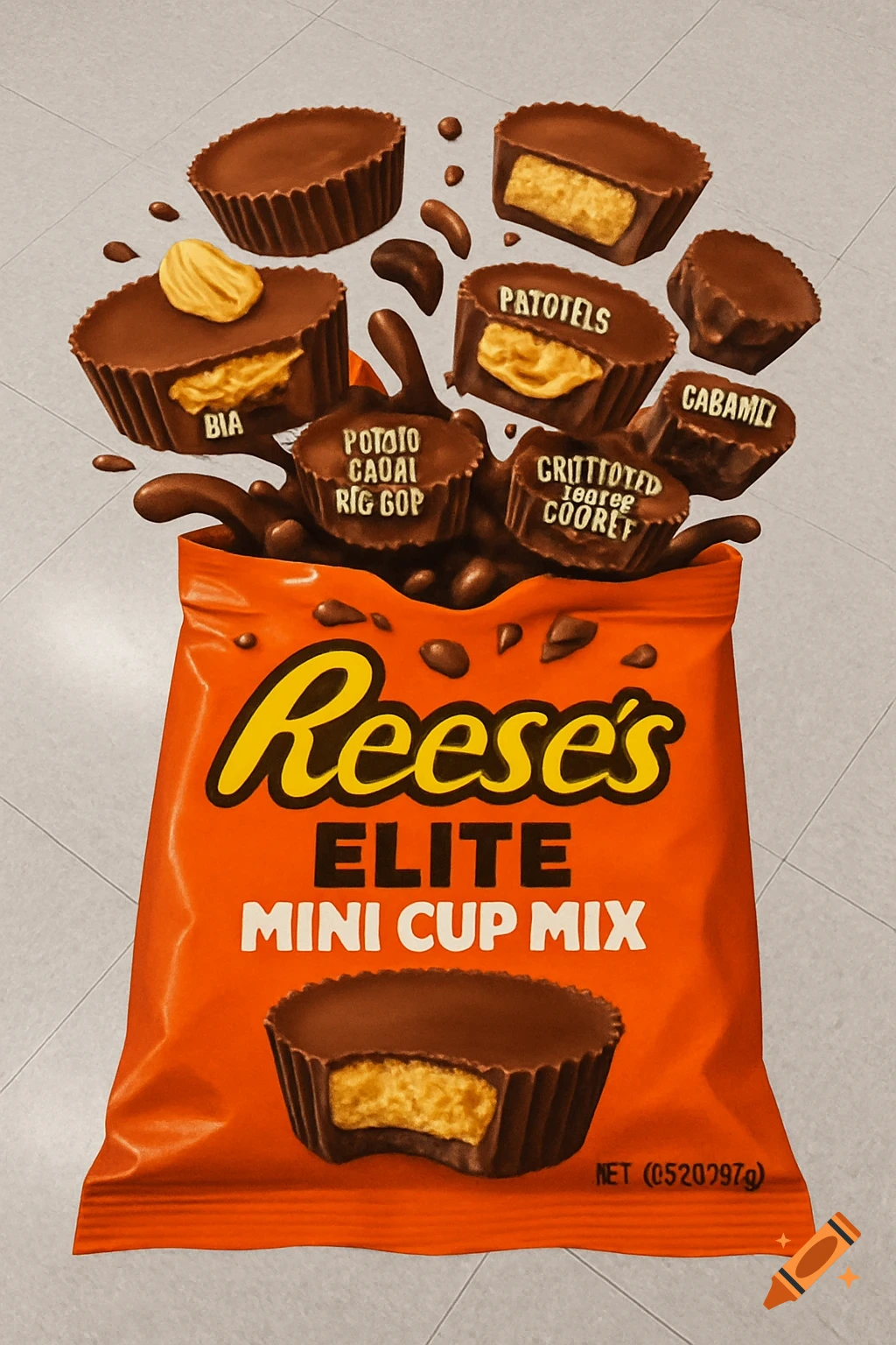 A bag of Reese's candy exploding with various types of chocolate cups ...