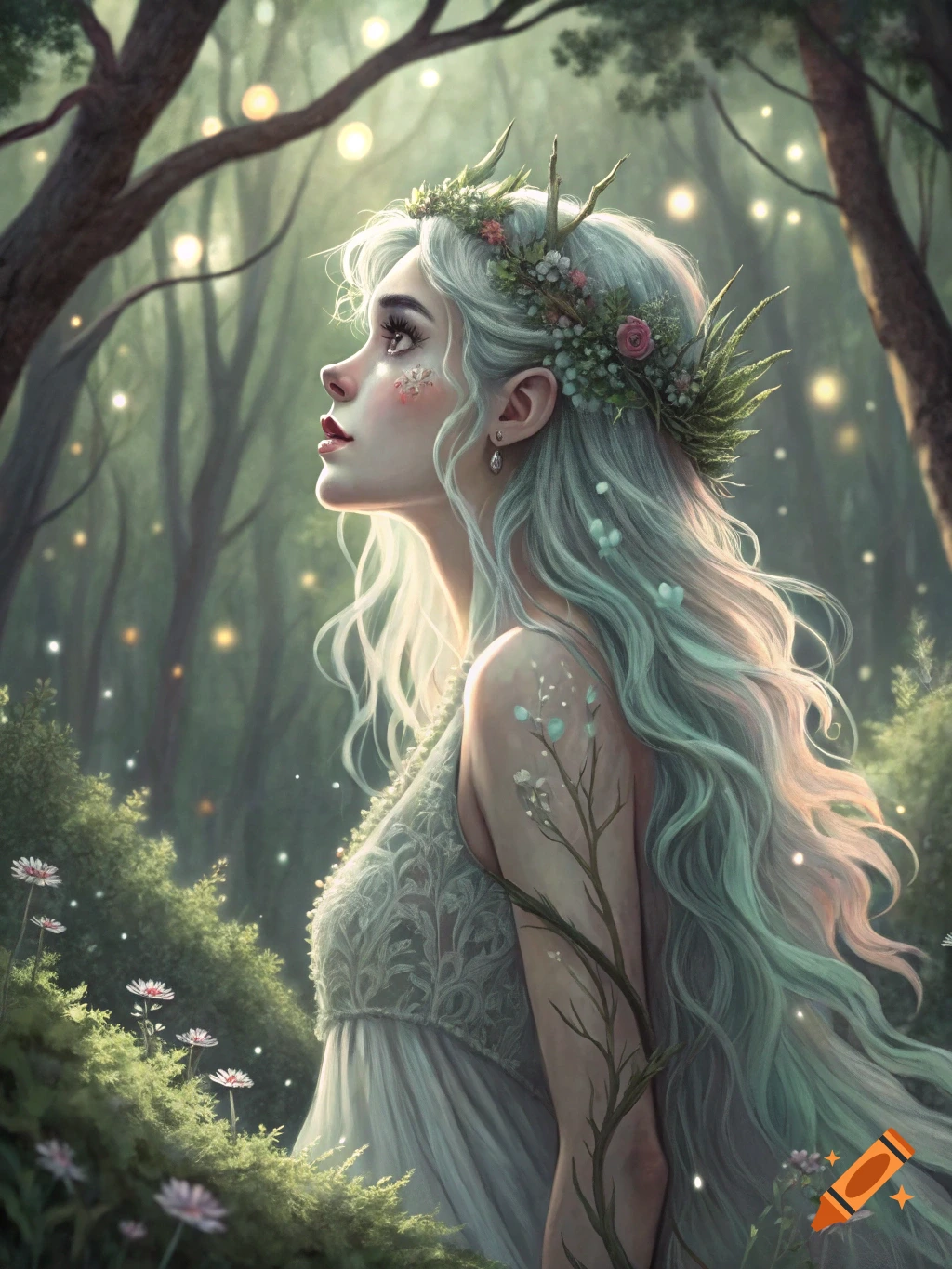 A fantasy portrait of a nymph with white hair and a floral crown in a ...