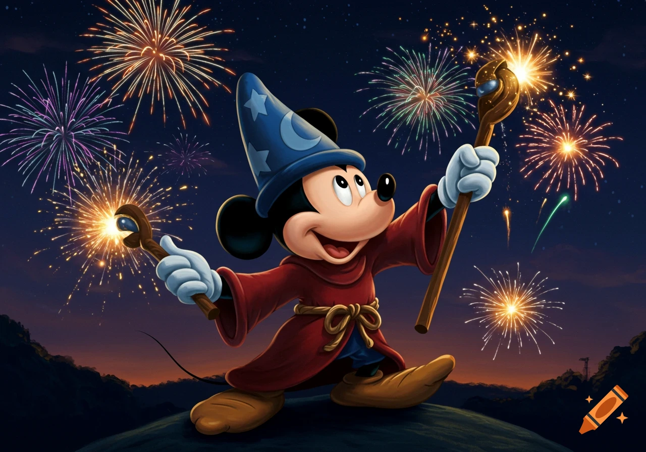Sorcerer Mickey Mouse holds wands as fireworks light up the night sky ...