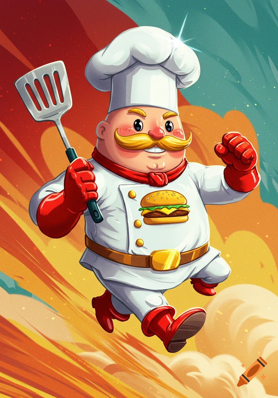 Cartoon chef running with a spatula and a burger on his chest. on Craiyon