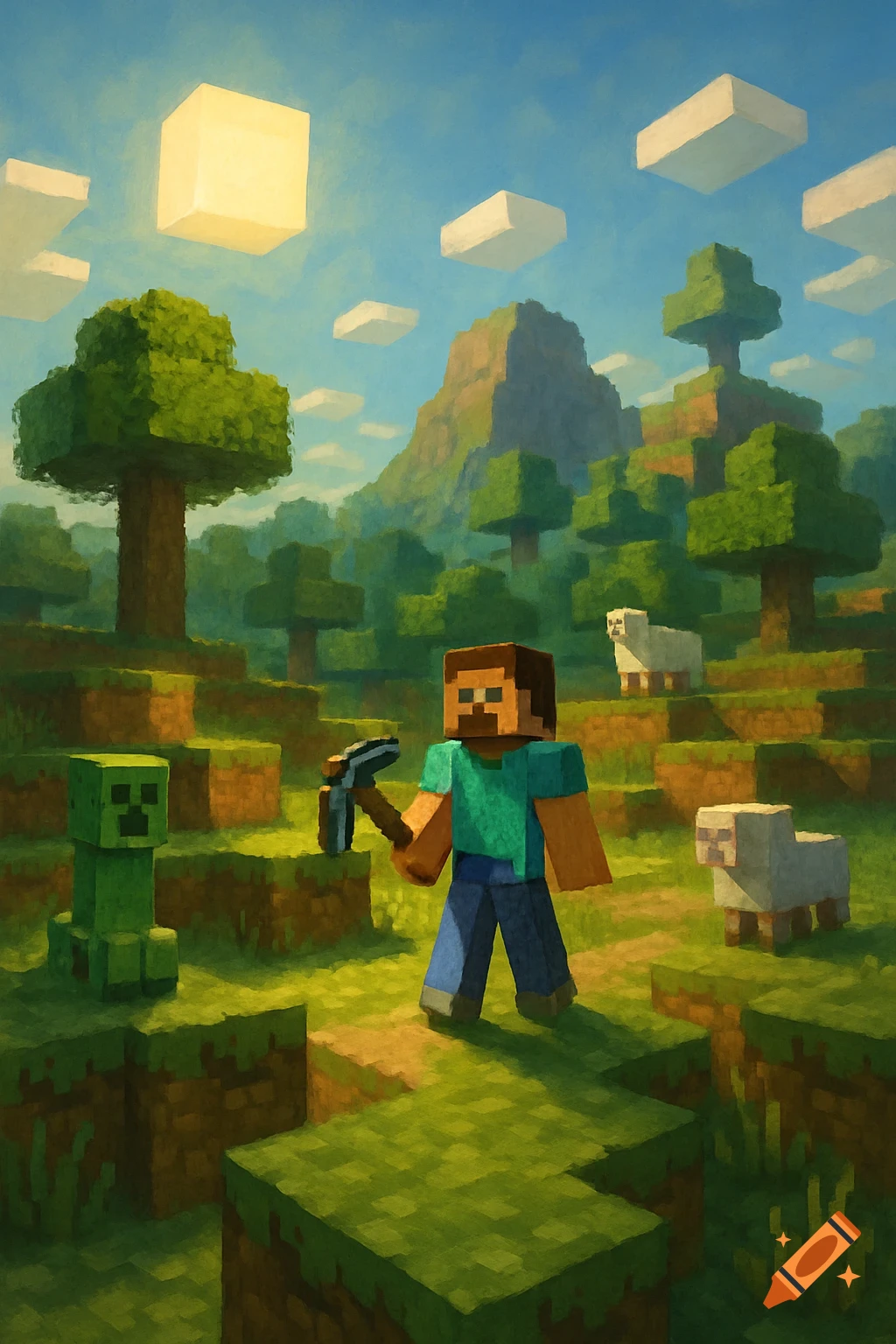 Painterly depiction of Steve with a pickaxe, a Creeper, and sheep in a ...