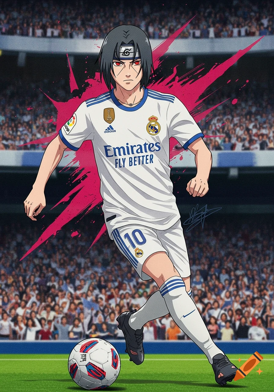 Anime character Itachi Uchiha in a Real Madrid kit plays soccer in a ...