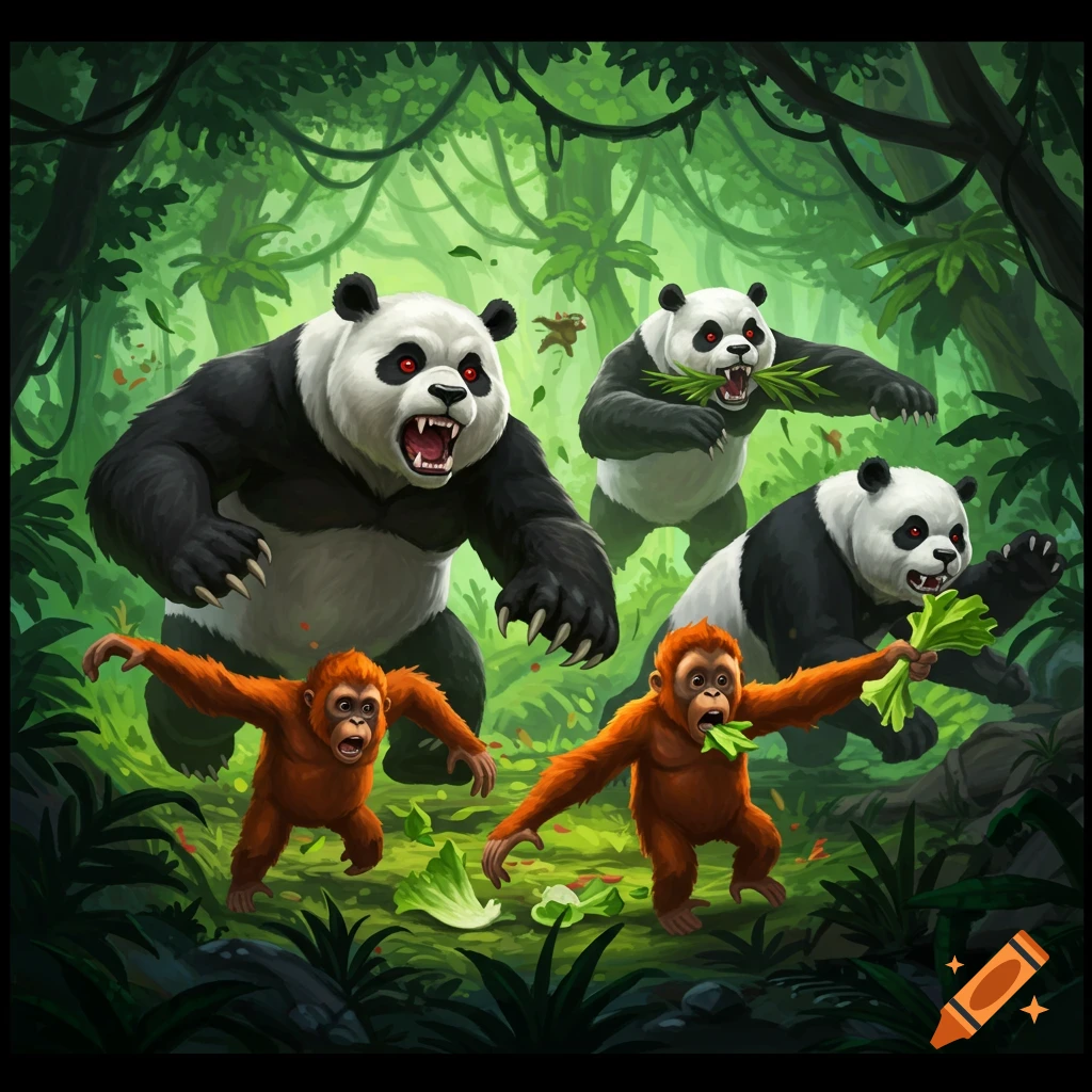 Stylized illustration of killer pandas chasing orangutans holding green salads through a jungle ...