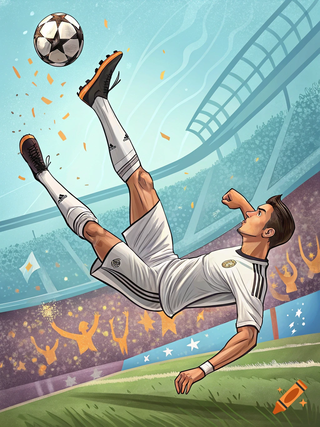 Cartoon illustration of a soccer player doing a bicycle kick in a ...