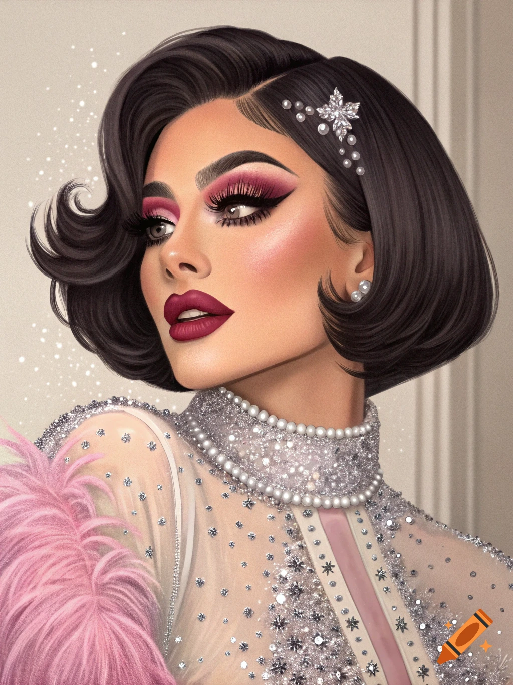 Stylized portrait of a person in drag makeup, jewelry, and sparkly ...