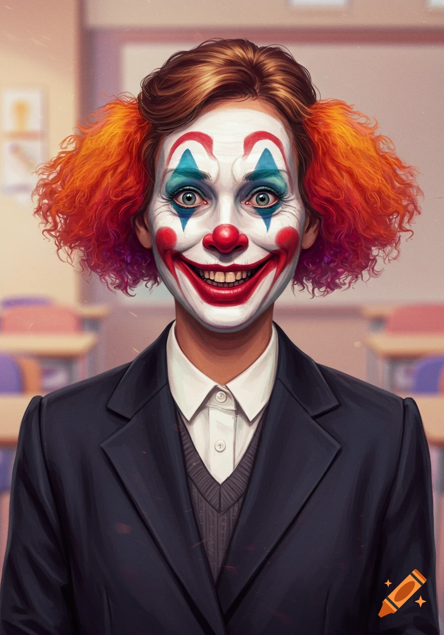 Portrait of a person with clown makeup and orange hair in a classroom ...