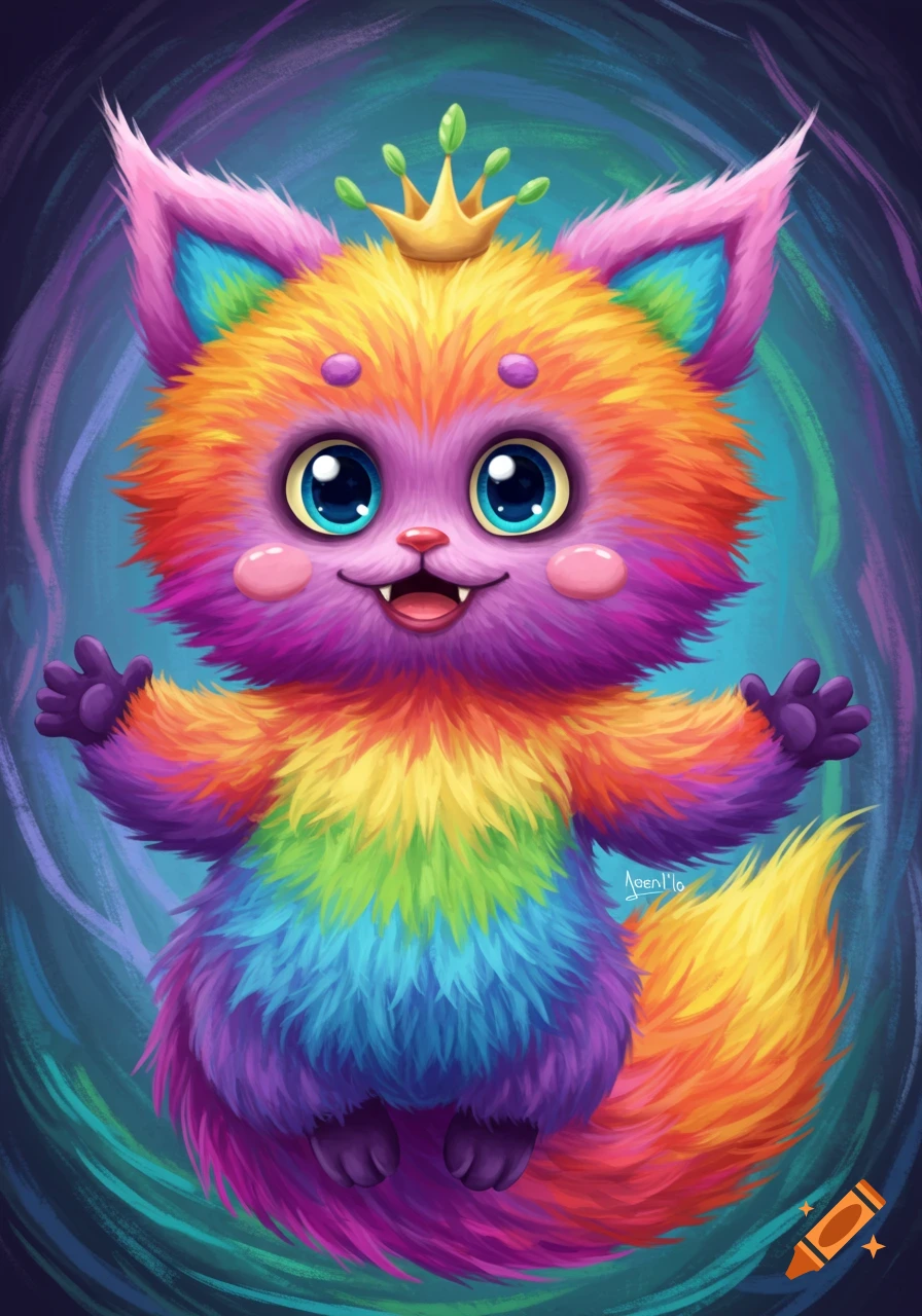 Illustration of a fluffy rainbow creature with big blue eyes and a ...
