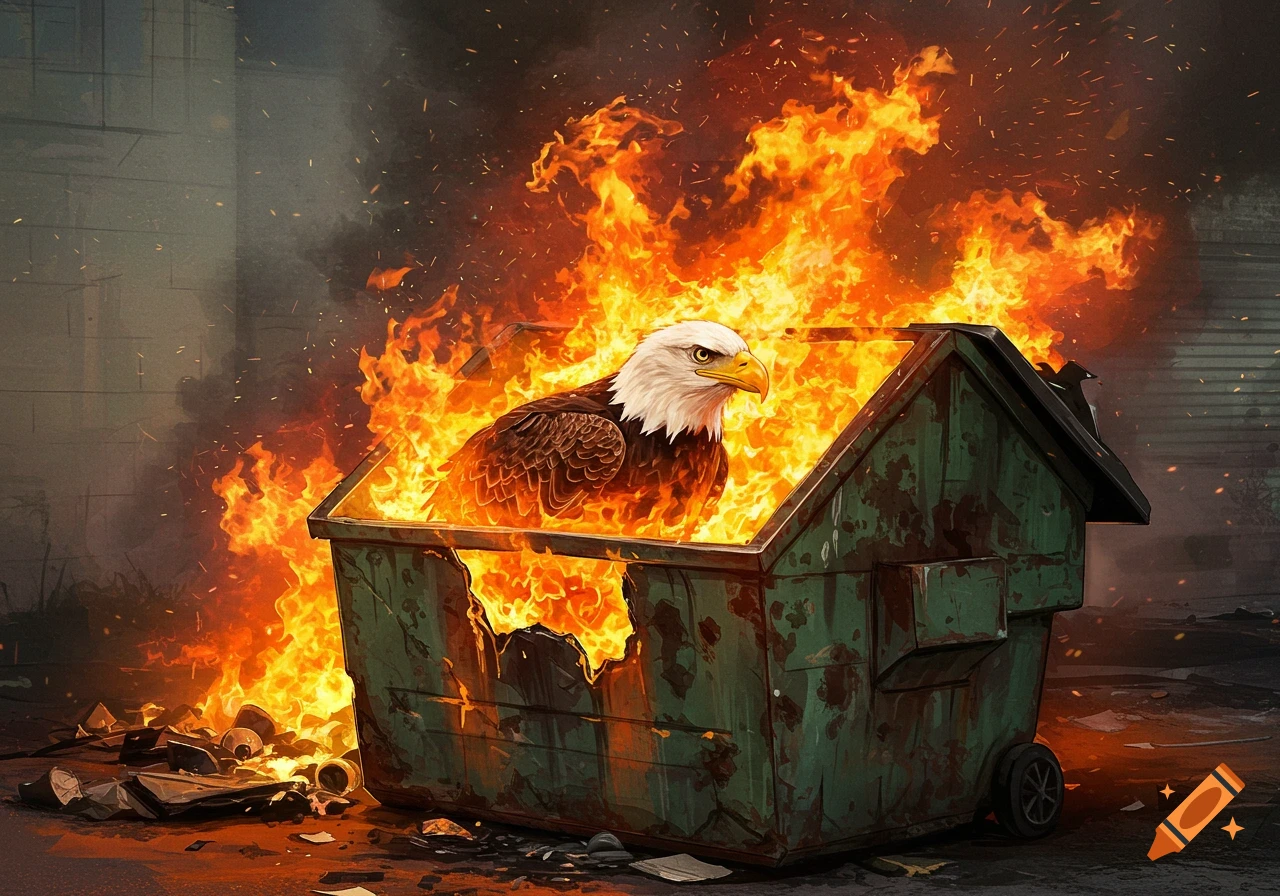 A bald eagle sits inside a dumpster that is intensely burning with ...
