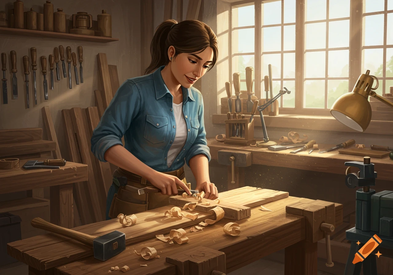 A woman works on wood with a chisel in a sunny woodworking workshop. on ...