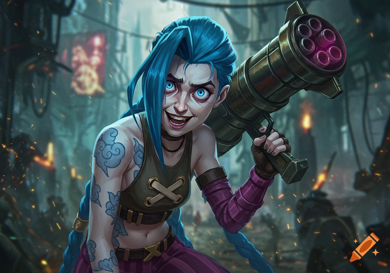 Jinx from Arcane stands holding her rocket launcher in a war-torn city ...