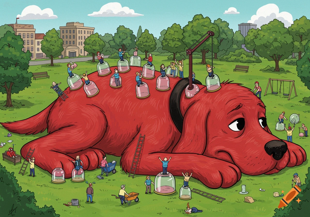 Cartoon illustration of a giant red dog receiving cupping therapy from ...