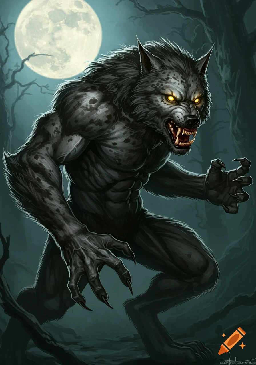An illustration of a snarling werewolf under a full moon in a dark forest. on Craiyon