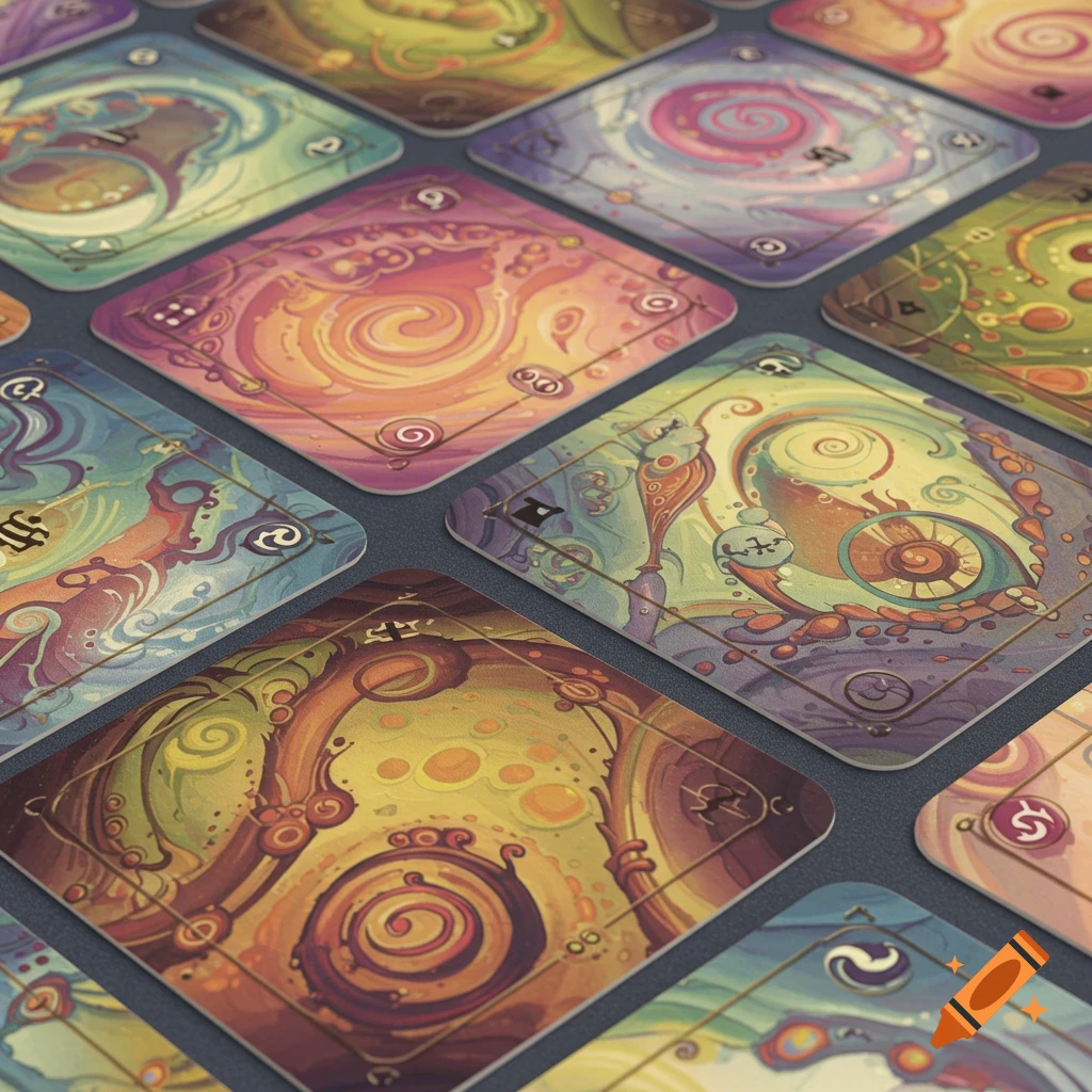 Close-up view of fantasy-themed illustrated playing cards. on Craiyon