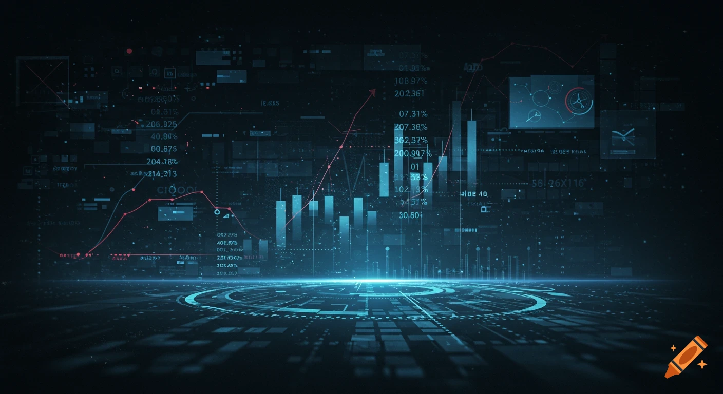 Digital display background with finance graphs, charts, and data points on a dark blue ...