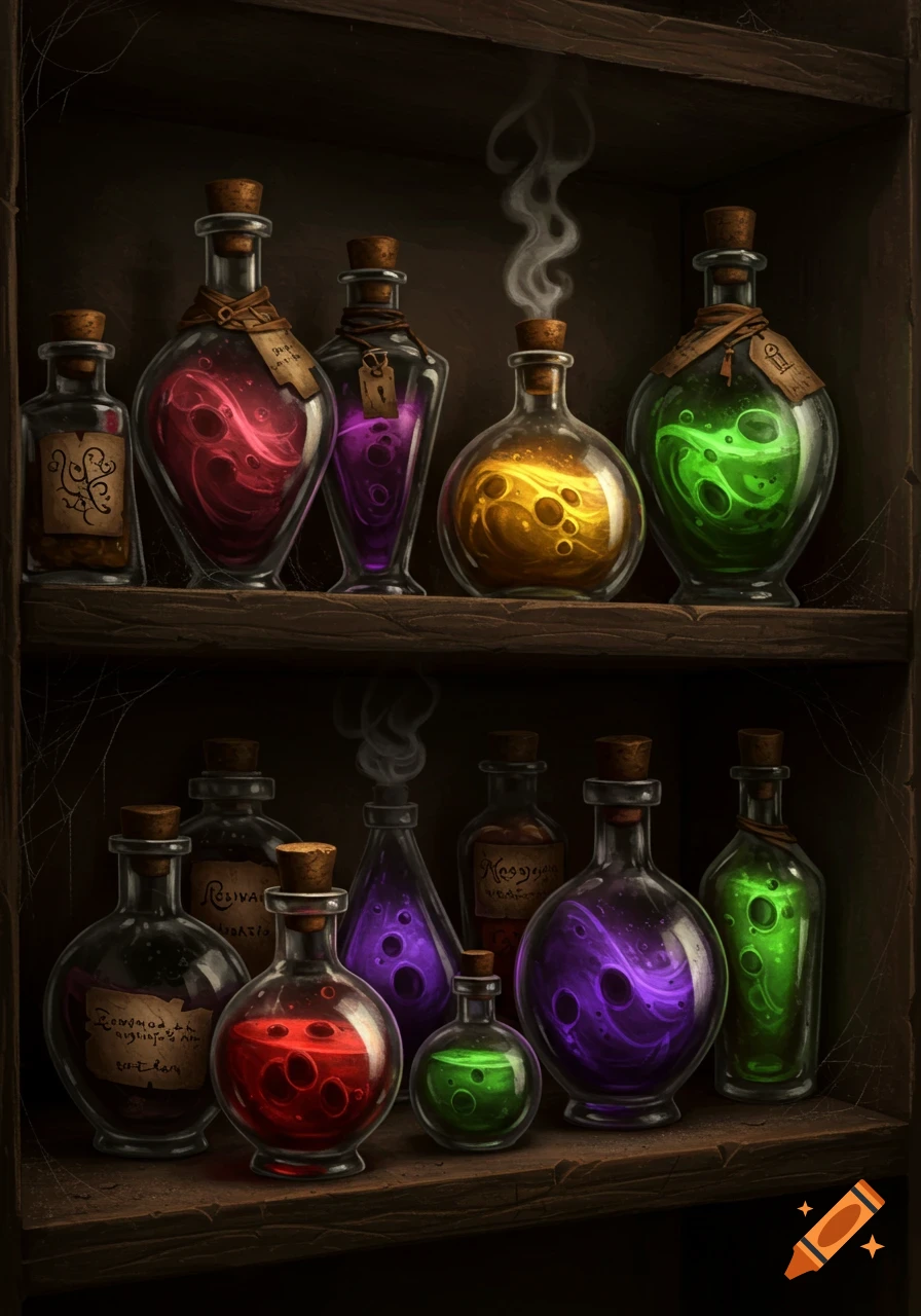 Glowing potion bottles in various shapes and colors sit on dusty wooden ...