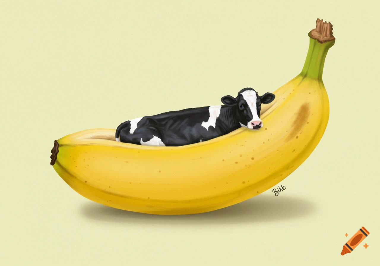 An illustration of a cow lying inside a peeled banana. on Craiyon