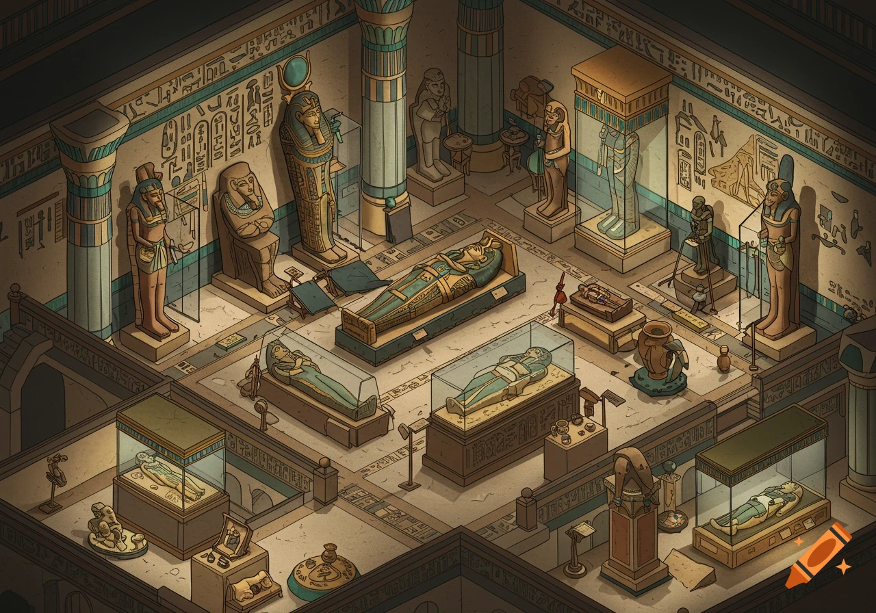 Isometric illustration of an Egyptian museum exhibit with sarcophagi ...
