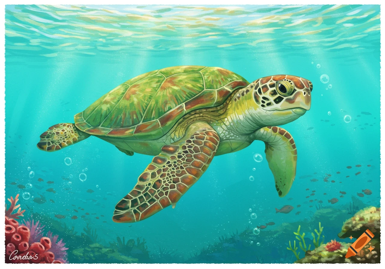 An illustration of a green sea turtle swimming in clear blue water over ...
