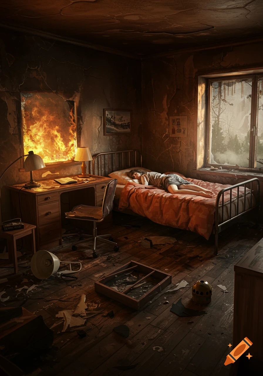 Girl lies in bed in a dark, burned room with fire in a wall frame and a ...